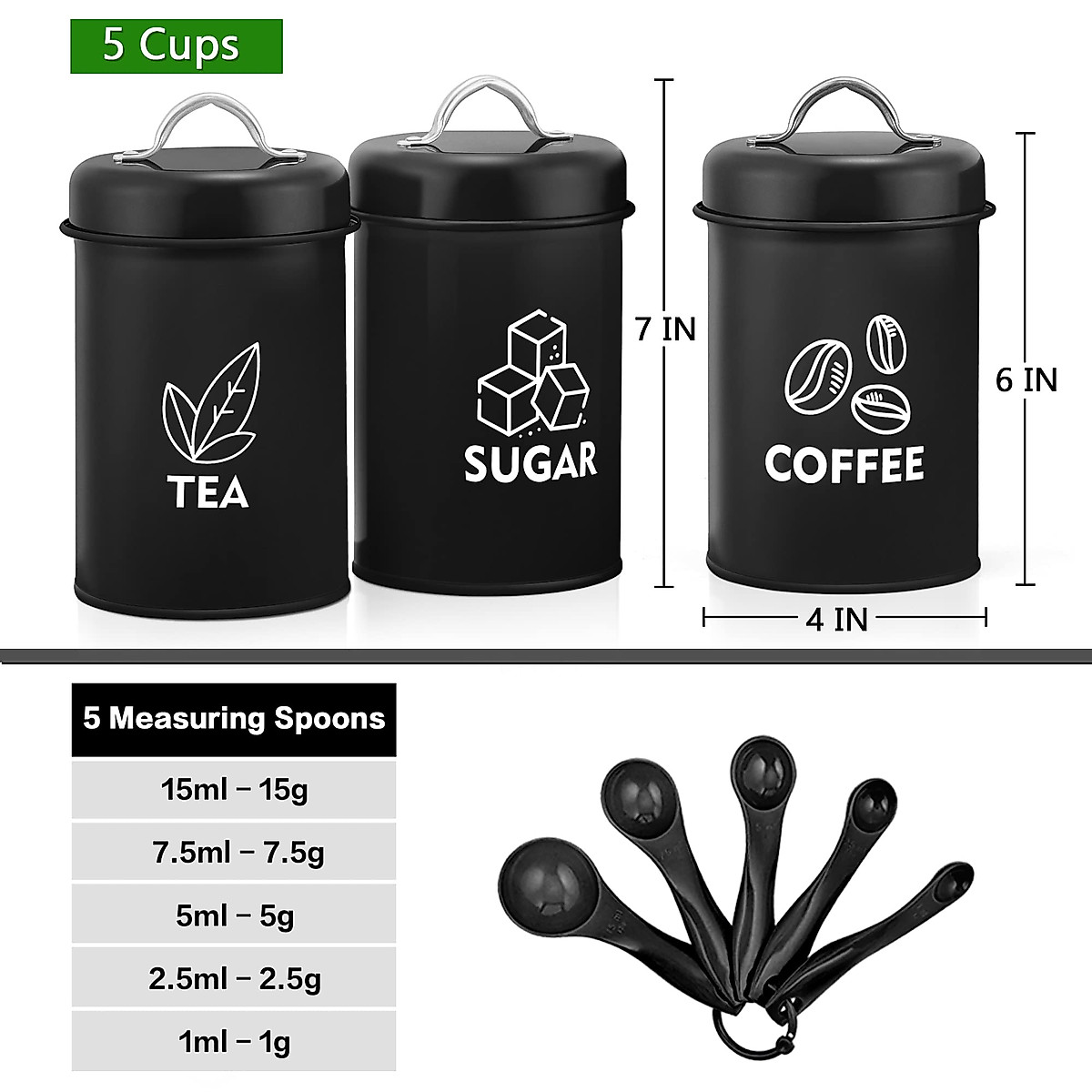 LIANYU 8 Piece Canister for Kitchen Counter, Large Food Kitchen Coffee Tea Sugar Metal Canisters Set with Spoons, Rustic Farmhouse Storage Set, Black