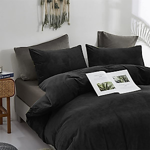 Houseri Velvet Black Comforter Set Queen Solid Black Fluffy Comforters Queen Size Teens Black Fuzzy Bedding Boys Girls All Black Sherpa Comforter Queen Black Soft Warm Comforter Bedding Sets Queen