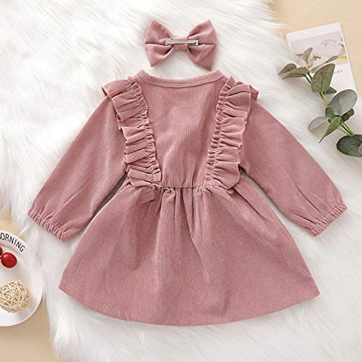 YQYJA Toddler Baby Girls Fall Winter Corduroy Ruffle Long Sleeve Dress Headband Kids Dresses (Pink, 12-18 Months)