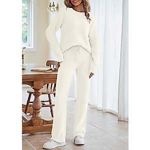 MEROKEETY Womens Fuzzy Fleece Long Sleeve 2 Piece Loungewear Outfits Sweater Pants Pajama Sets, Beige, Large