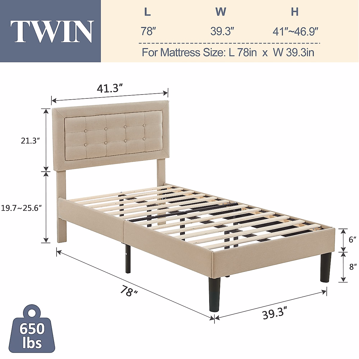 VECELO Twin Size Upholstered Bed Frame with Height Adjustable Fabric Headboard, Heavy-Duty Platform Bedframe/Mattress Foundation/Strong Wood Slat Support/No Box Spring Needed, BGE