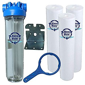 KleenWater Premier 4520 Water Filter System - Transparent (Clear) Housing - 1.5 Inch Inlet/Outlet - 40 GPM with Bracket, Wrench and Three KW4520G Meltblown 5 Micron Sediment Cartridges