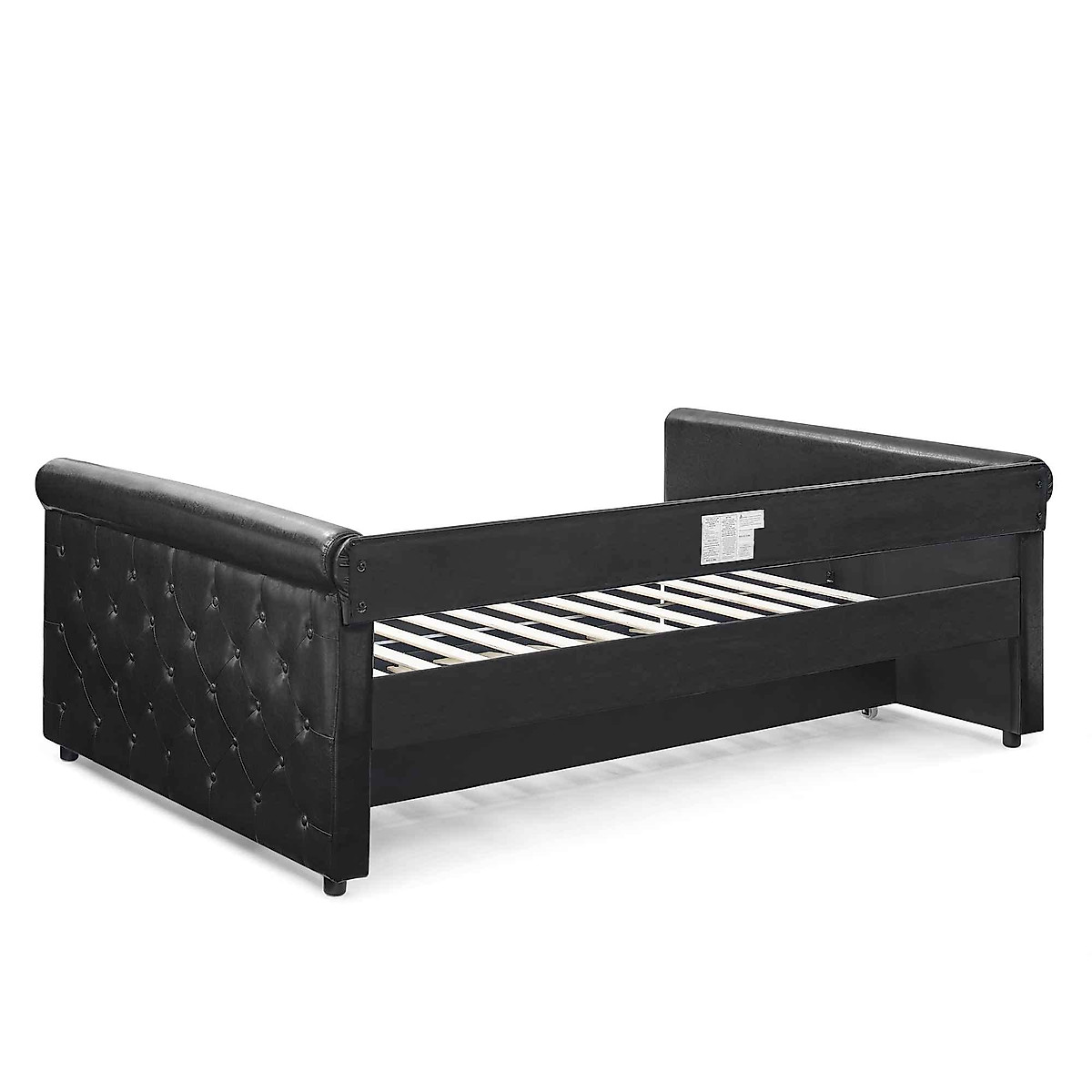 ATY Full Size Daybed with Twin Trundle, Upholstered Sofa Bed Design w/Button Tufted & Copper Nail, Perfect for Bedroom, Guestroom, Living Room, No Spring Box Needed, Black