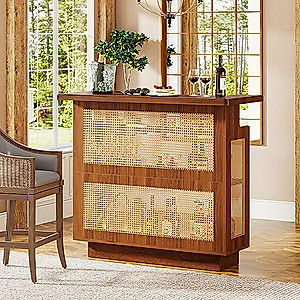 Tribesigns Rattan Home Bar Unit, Farmhouse 4-Tier Bar Table with 4 Stemware Racks and Heightened Base, Liquor Wine Bar Cabinet Mini Bar Table for Home Pub, Caramel Brown