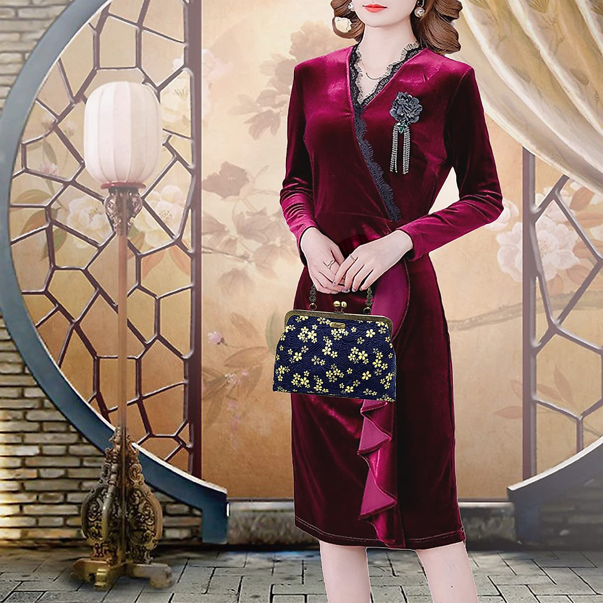 Abuyall Floral Top Handle Handbag Chain Strap Women Kiss Lock Canvas Frame Shoulder Bag Royal