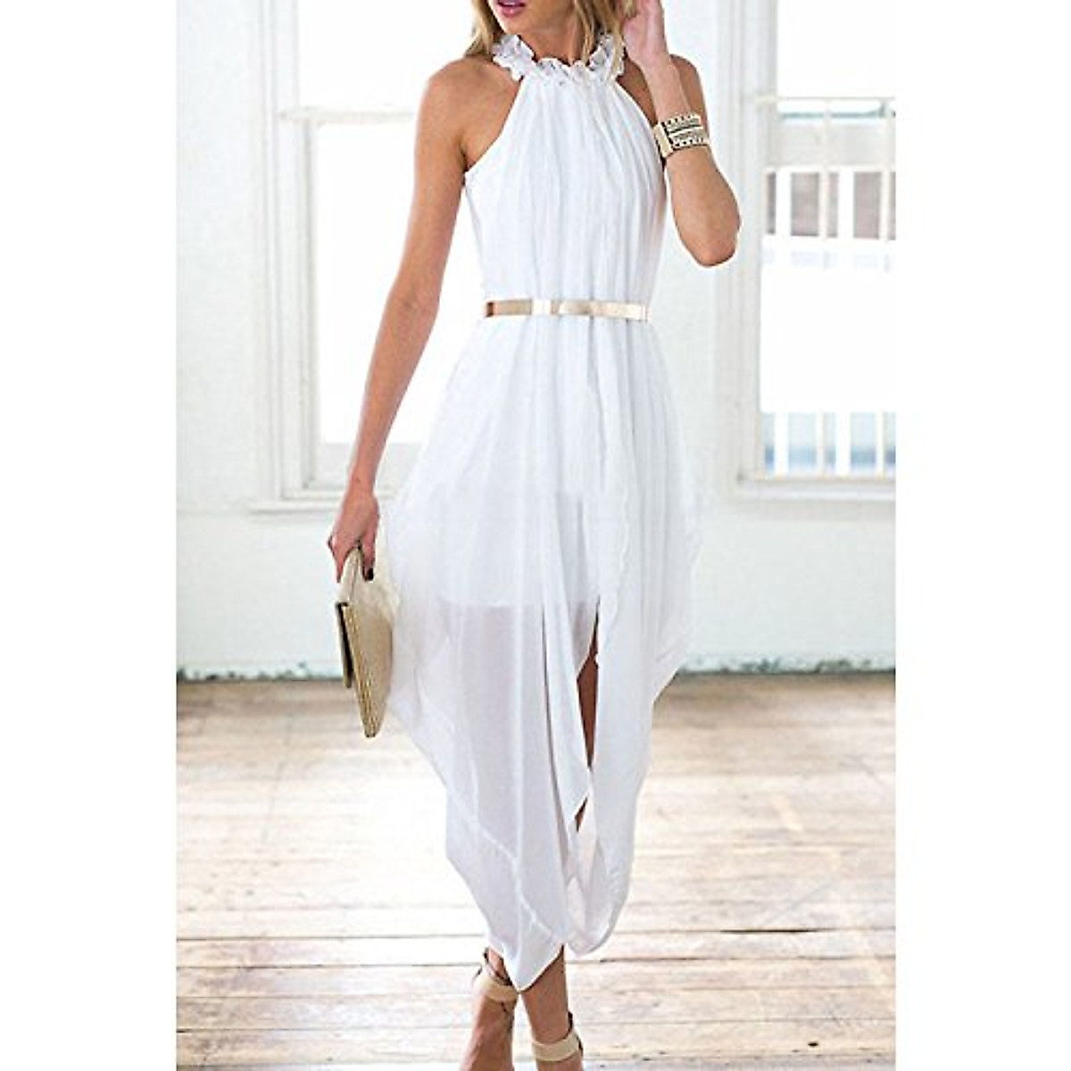 Women's Sheer Chiffon Folds Hi Low Loose Dress Delicate Gold Belt Outer Maxi Inner Mini (Large, White)