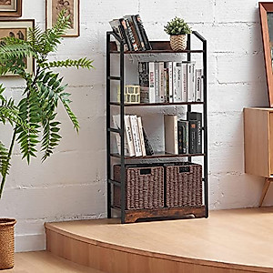 Vagusicc 4 Tier Bookshelf with 2 Storage Baskets, Tall Bookcase Shelf Storage Organizer Wood Book Shelf, Modern Shelf Rack Shelves with Steel Frame, Multipurpose Bookshelf for Bedroom Living Room