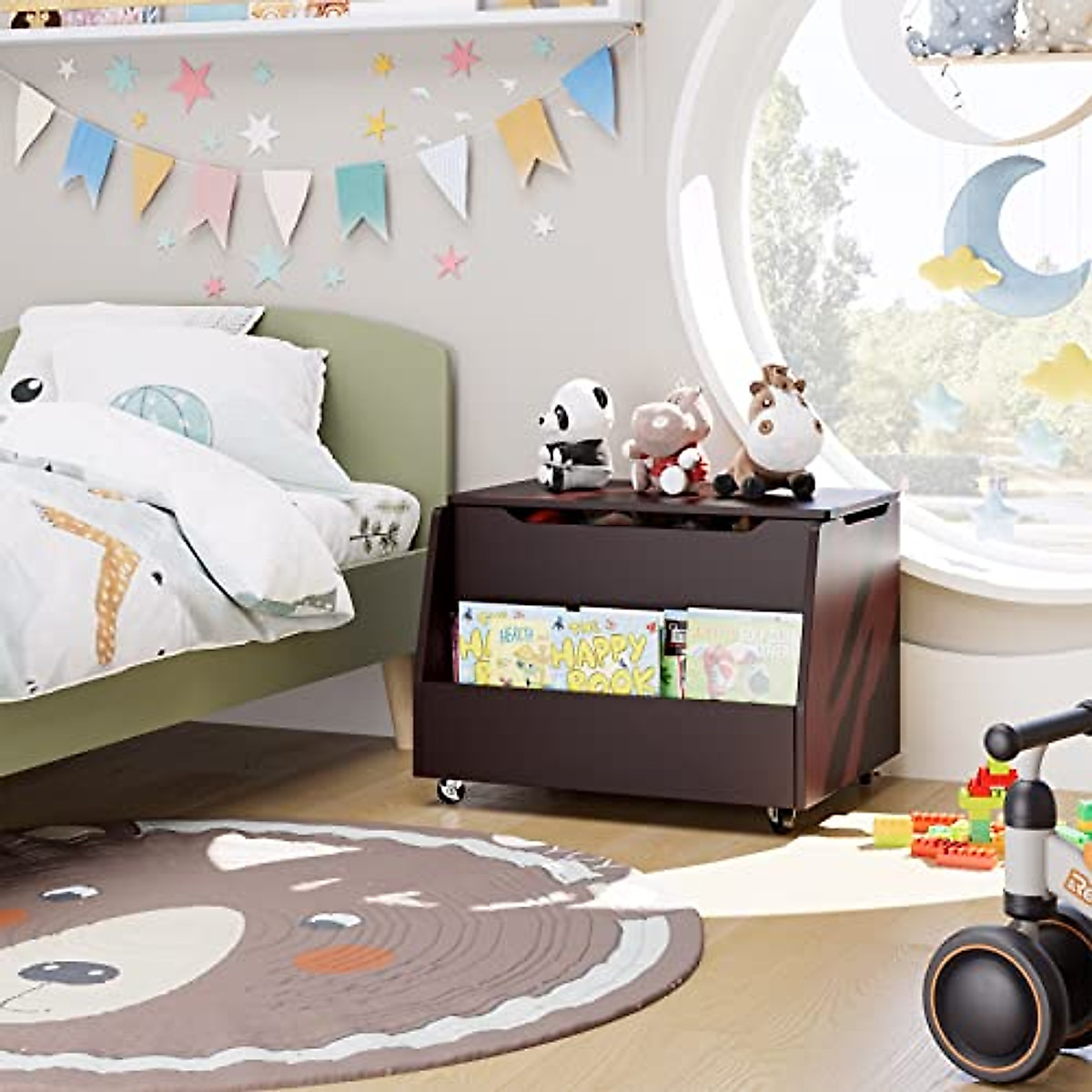 HOUSUIT Wooden Toy Chest, White Kids Toy Box on Wheels for Girls Boys, Toy Storage Organizer Bench with Safety Hinges Lid for Nursery, Toddler Room, Playroom, Bedroom (Dark Brown)