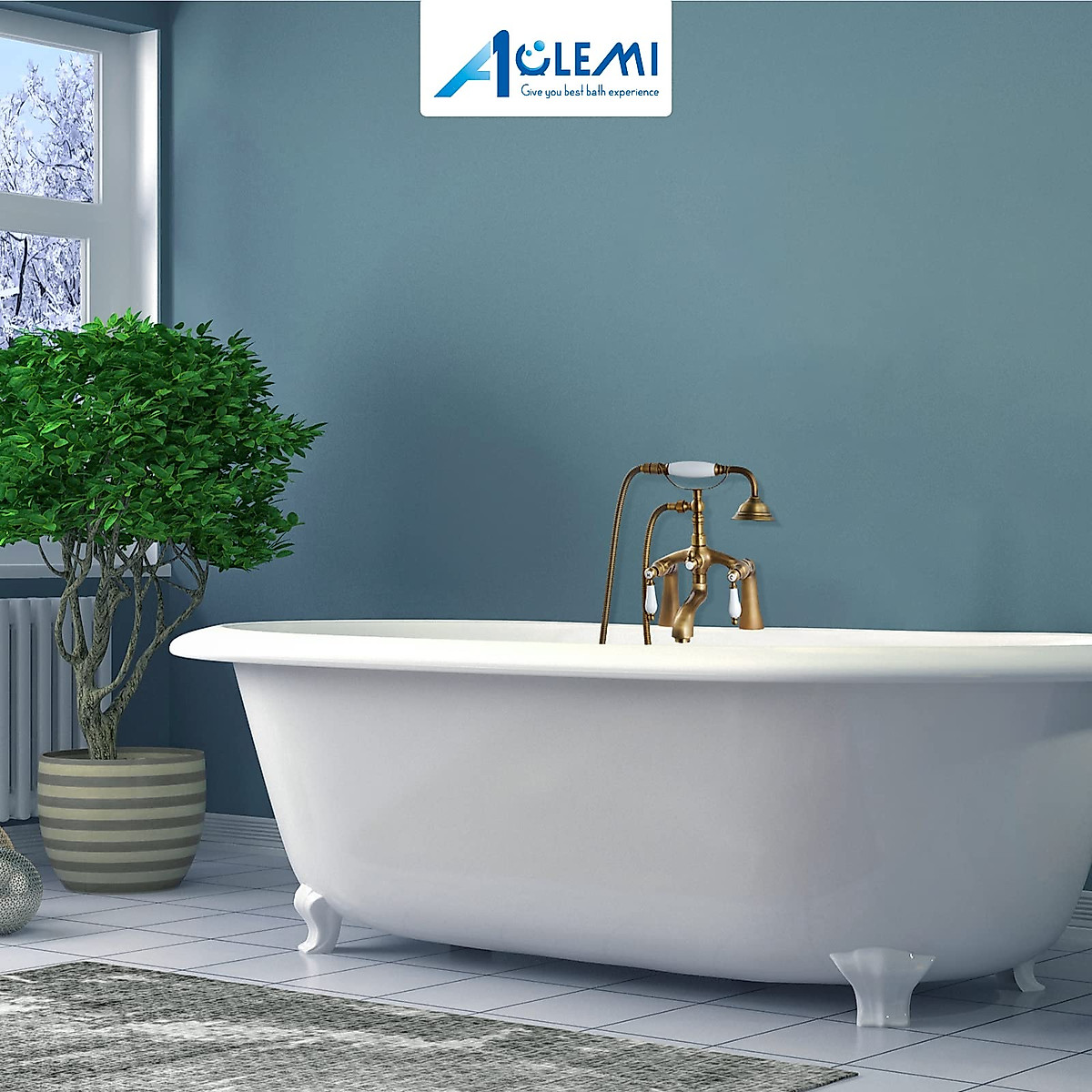 Aolemi Clawfoot Tub Faucet with Handheld Spray and Bathtub Spout Double Lever Handle Bathroom Mixer Tap Victoria Vintage Telephone Shape Shower Set Deck Mount Antique Brass