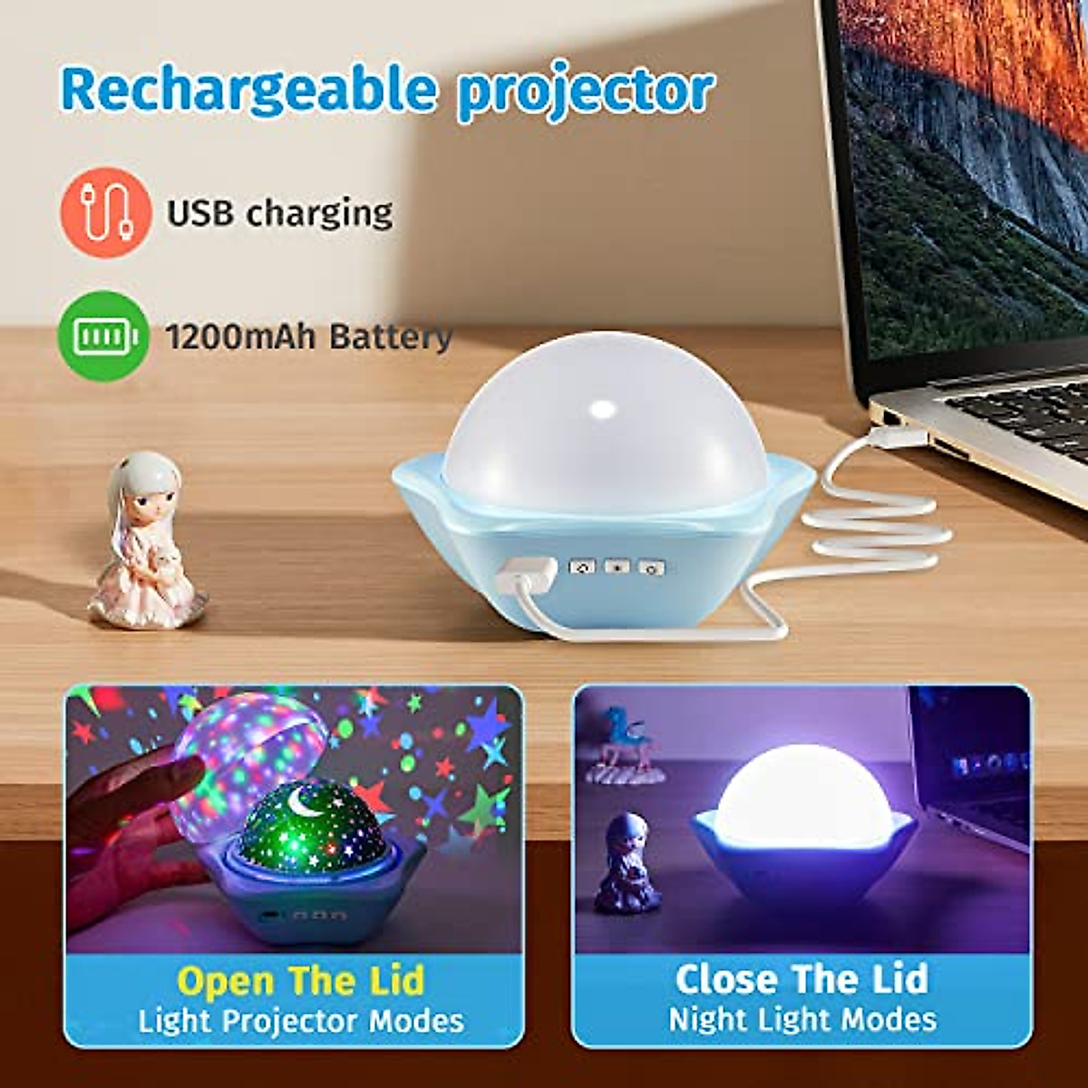 One Fire Night Light for Kids, 48 Lighting Modes Star Lights for Bedroom, 360° Rotating+3 Films Baby Night Light Projector, USB Rechargeable Kids Night Lights for Bedroom, Star Lights for Room Decor