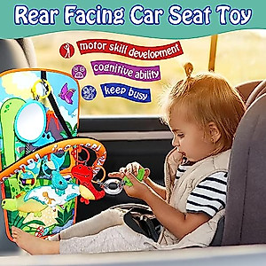 Innofans Baby Car Seat Toys with Dinosaurs Toys - Kick and Play Double Sided Infant Car Seat Toys with Plush Toys, Mirror, Teether for Baby, Baby Travel Activities, Newborn Toys, Infant Toys