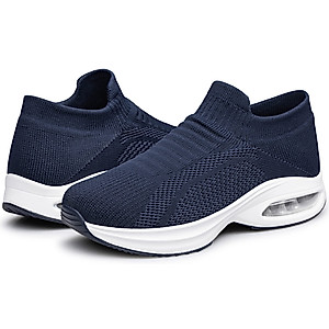 DOUSSPRT Womens Walking Sneakers Slip on Sock Shoes Mesh Air Cushion Platform Workout Tennis Loafers Fashion Casual Dark Blue Navy US Size 8.5