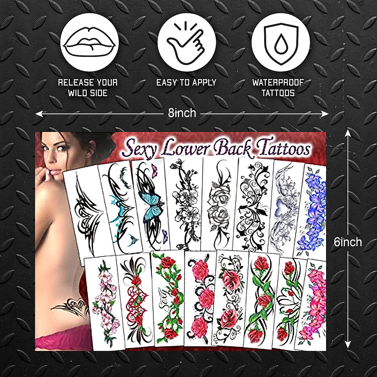 Temporary Tattoo Factory Tramp Stamp Tattoos, Long Lasting - Sexy, Realistic Fake Adult Temporary Tattoos for Women's Hip, Lower Back, Thigh, Arm Tramp Stamp - (16 Pack)