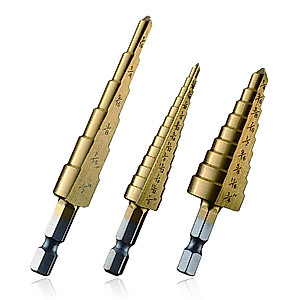 Mesee 3 Pcs Step Drill Bit Set, High-Speed HSS Steel Step Cone Drill Bits 1/4 Inch Hex Shank Step Drill Titanium Coated Hole Drilling Cutter Tool for Wood Plastic Sheet Metal