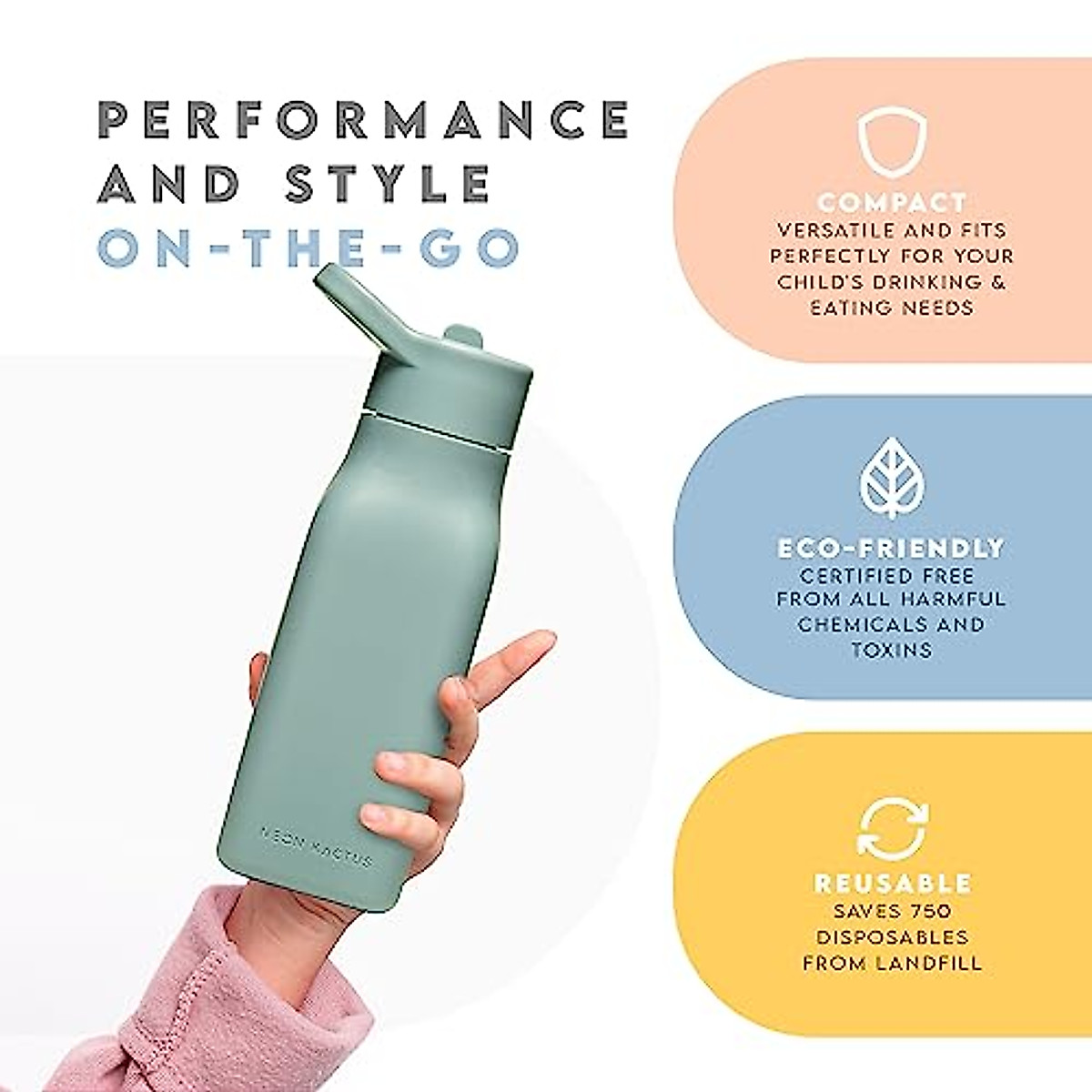 Neon Kactus Silicone Kids Bottle | Kids Water Bottle with Straw and Carry Handle for School, Travel, Sports | Drinking Bottle for Girls and Boys | BPA-Free, Dishwasher-Safe | Happy Camper, 340ml