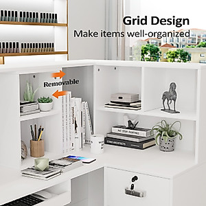 OmySalon Modern Reception Desk, L-Shaped Front Desk with Moveable Shelves and Lockable Drawers, Retail Checkout Counter Table, for Lobby Beauty Salon Office, White (55.9" W x 18.9" D x 48" H)