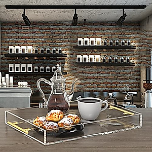 HIIMIEI Acrylic Serving Tray 12x16 Inch, Clear Trays with Gold Handles, Decorative able Tray for Coffee, Appetizer, Breakfast, Bathroom, Vanity