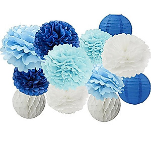 Furuix Boy Baby Shower Decorations 13pcs White Navy Blue Baby Blue Tissue Paper Pom Pom Paper Lanterns Blue Star Garland Honeycomb Ball for Birthday Decor, Bridal Shower Decor/Outer Space Party Decor