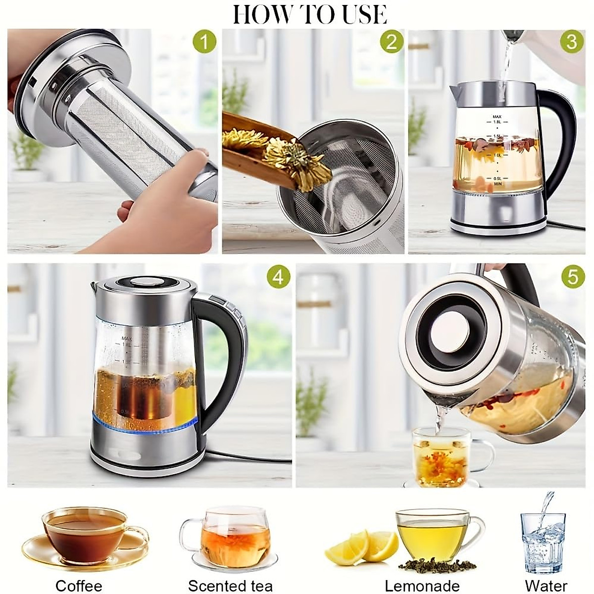 CHEFESS Electric Glass Kettle, 1.8 L / 60.8 oz Tea Kettle with 12 Temperature Control and Tea Infuser, up to 24-Hour Keep Warm, Stainless Steel Lid & Strainer, Hot Water Boiler for Coffee, Tea