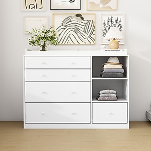 TAMUNE Dresser with 5 Drawers, White Chest of Drawers with Open Shelves, Modern 5 Drawer Chest with Knobs, 5 Drawer Dresser Cabinet for Bedroom Living Room, 19.7”D x 47.2”W x 36.1”H
