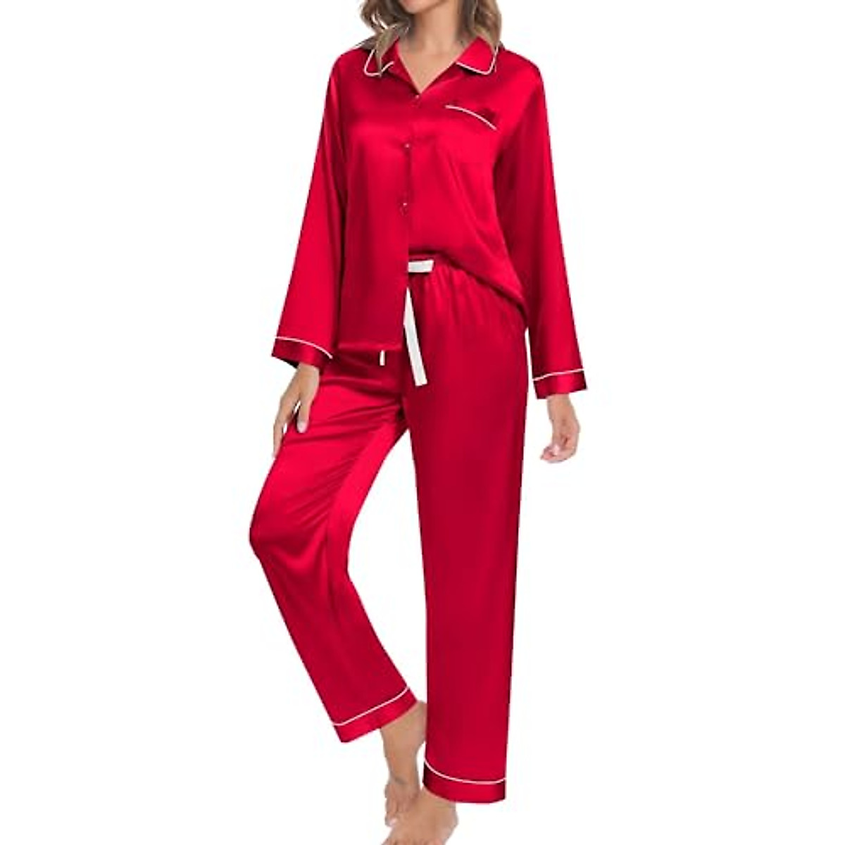 SWOMOG Couple Silk Satin Pajamas Set 2Pcs Matching Famliy Sleepwear Button Down Loungewear Men & Women Pjs with Pants Red