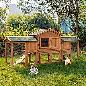 Rabbit Hutch Outdoor 74" Extra Large Bunny Cage with 2 Runs House Small Animal Habitats for Guinea Pigs Hamster Removable Tray Two Tier Waterproof Roof Pet Supplies Cottage Poultry Pen Enclosure