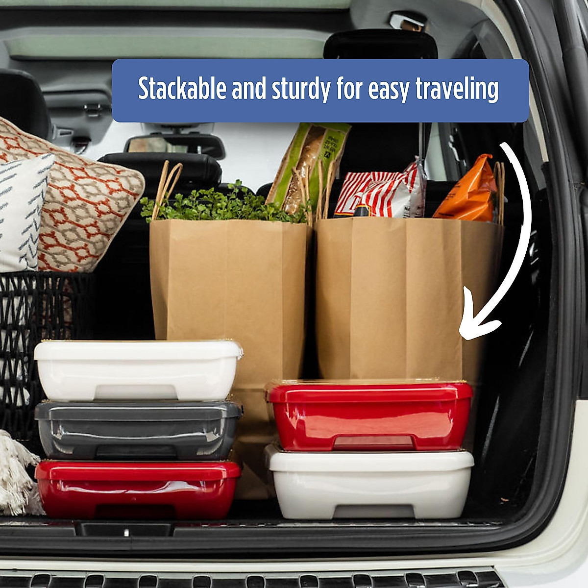 Fancy Panz Classic, Food Serving Tray, Made in the USA Foil Pan Carrier, Stackable Aluminum Pan Holders with Clear Lid, Travel Casserole Carrier With 1 Disposable Foil Pan & Serving Spoon, Denim Blue