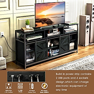 Mid Century Modern Black TV Stand with Sliding Barn Doors, Charging Station, LED Lights, and Storage Shelves for up to 70 inch TVs