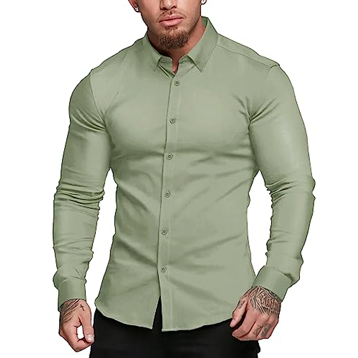 AstoSeu Men's Muscle Dress Shirts Slim Fit Wrinkle-Free Long Sleeve Casual Button Down Shirt Light Green L