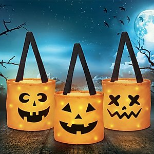 Halloween LED Light Up Trick or Treat Bags, 3 Pcs Halloween Pumpkin Bucket, Multipurpose Portable Collapsible Reusable Candy Bags, Best Halloween Party Favors for Kids.
