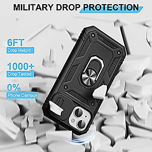 BOBOM [4 in 1 Armor Case for iPhone 14 Case with Stand & Camera Cover [2 Pack Tempered Glass Screen Protector Included] Military Grade Heavy Duty Protective Ring Holder Kickstand Case 6.1 Inch, Black