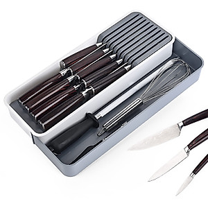 TUNGTAR Expandable Drawer Organizers with Knife Block Knife Drawer Organizer stackable Cutlery Tray Knife Holder adjustable drawer tray with Knife Block 9 Knives slot DIY drawer organizer
