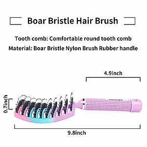 EKONAER Detangling Brush Boar Bristles Hair Brush for Adult & Kids Wet or Dry Hair,Curved and Vented Detangler Brush - Adds Shine and Makes Hair Smooth(Pink)