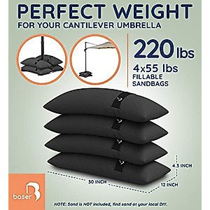 Baser Fillable Straight Sandbags, 4 x 55 LBS fillable Weight Bags for Patio Umbrellas, Cantilevers and Garden Accessories