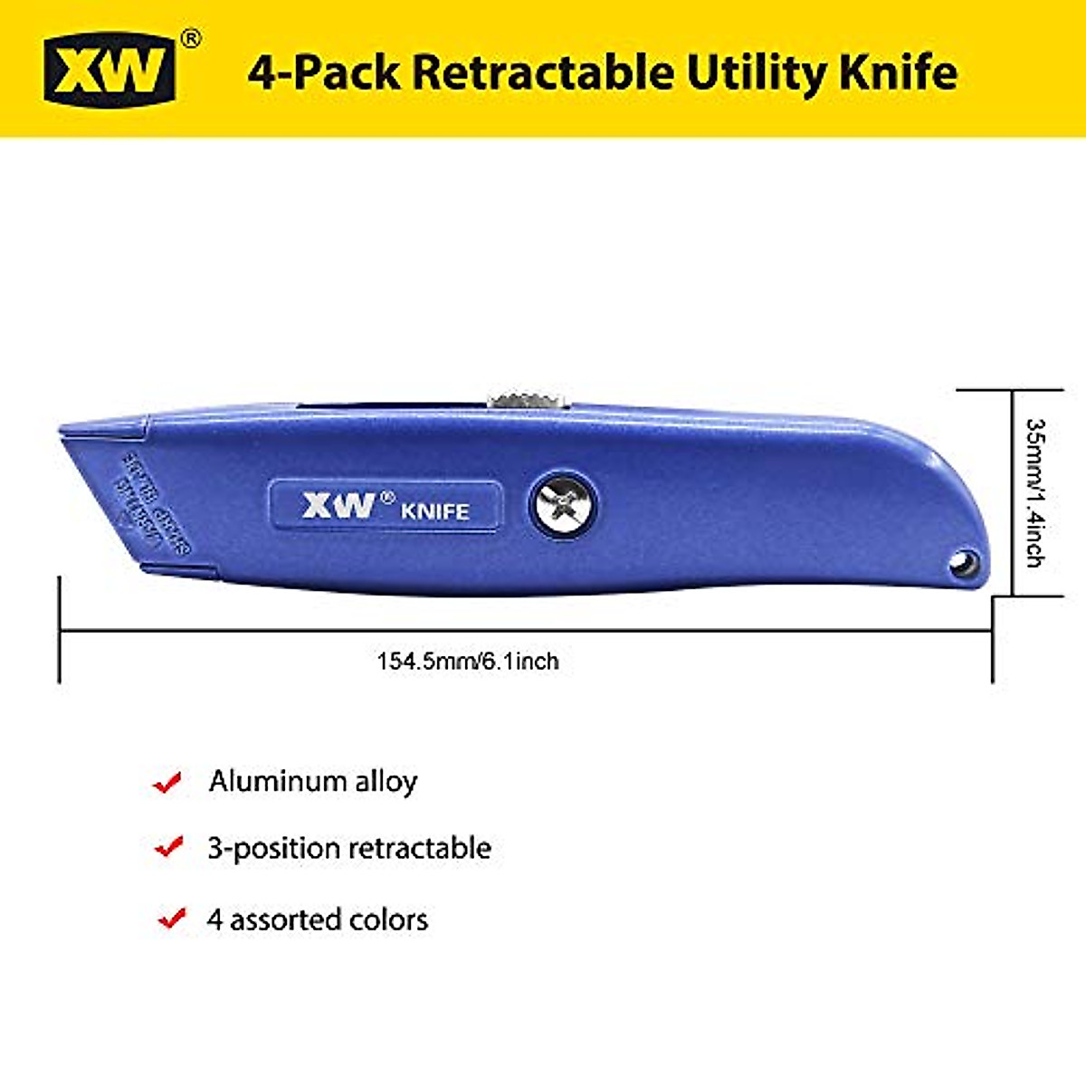XW Retractable Utility Knife, Aluminum Alloy Box Cutter-Assorted Colors, Extra 10 Blades Included,4-Pack