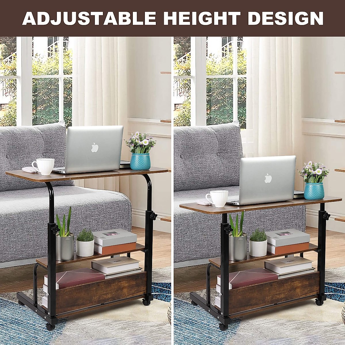Dekhaoxe Adjustable Table Student Computer Desk Portable Home Office Furniture Small Spaces Sofa Bedroom Bedside Learn Play Game on Wheels Movable with Storage Size 31.5 * 15.7 in Oak D
