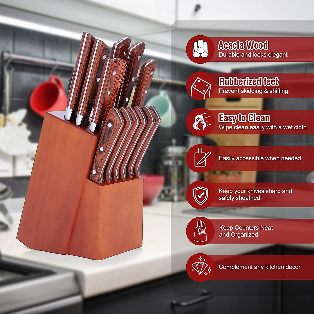 Kitchen Knife Block Set, E-far 17-Piece High Carbon Forged Stainless Steel Knife Sets Includes Chef Utility Paring Steak Serrated Bread Santoku Knife Sharpener - Full Tang Design