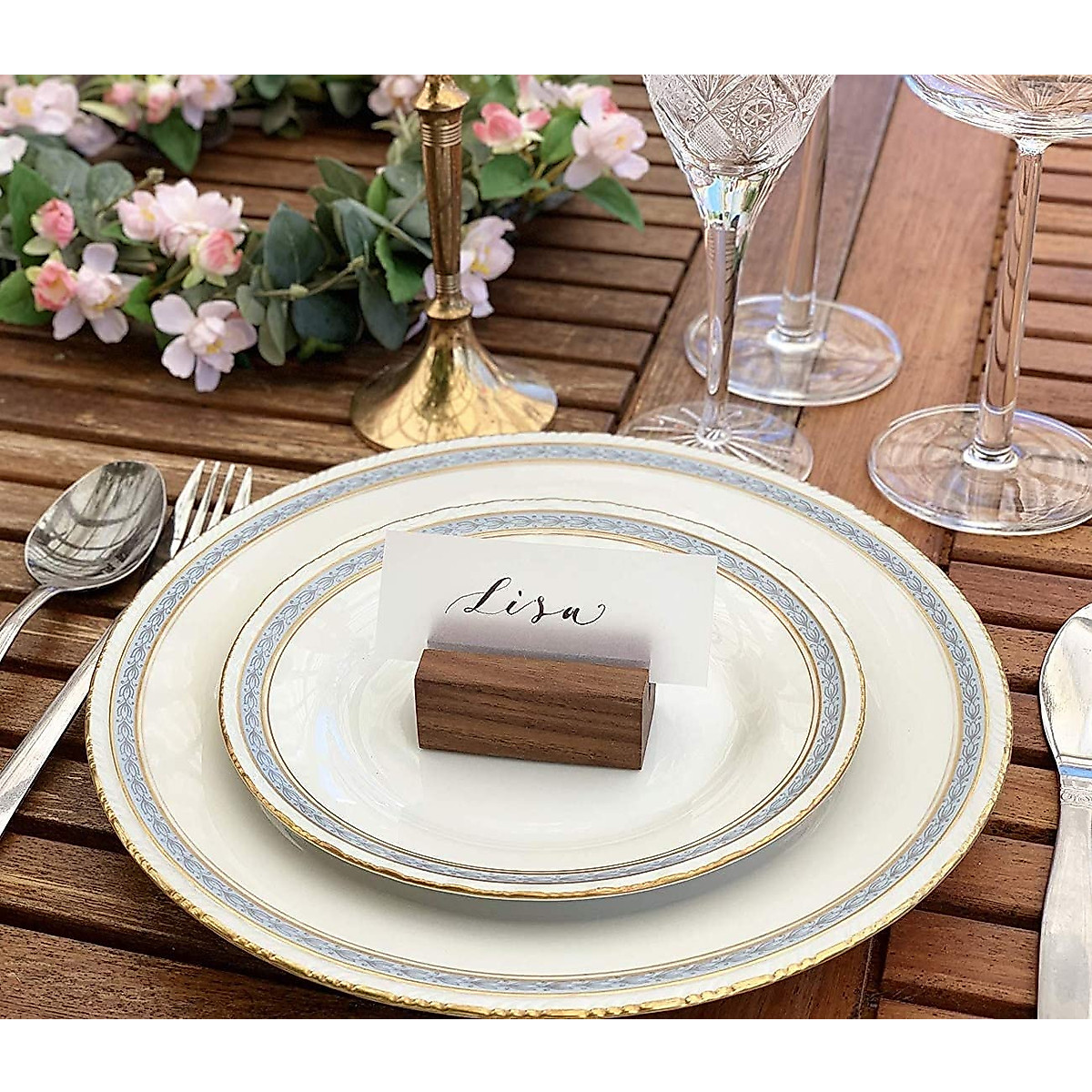 UNIQOOO 20 Pack Place Card Holders | Rustic Walnut Wood Escort Cards Display Stands | Table Number Sign Stand | Photo Stand | Perfect for Retail Shop Cafe Home Wedding Dinner Party Events Decoration