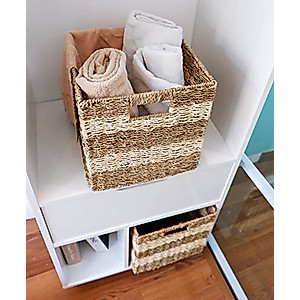Foldable Hand-woven Wicker Cube Storage Bins, Collapsible Wicker Storage Cubes, Natural Palm Fiber & Seagrass Storage Baskets, Chi An Home Cubes Organizer with Handles, 4 Pack - 11.8" x 11.8" x 11.8"
