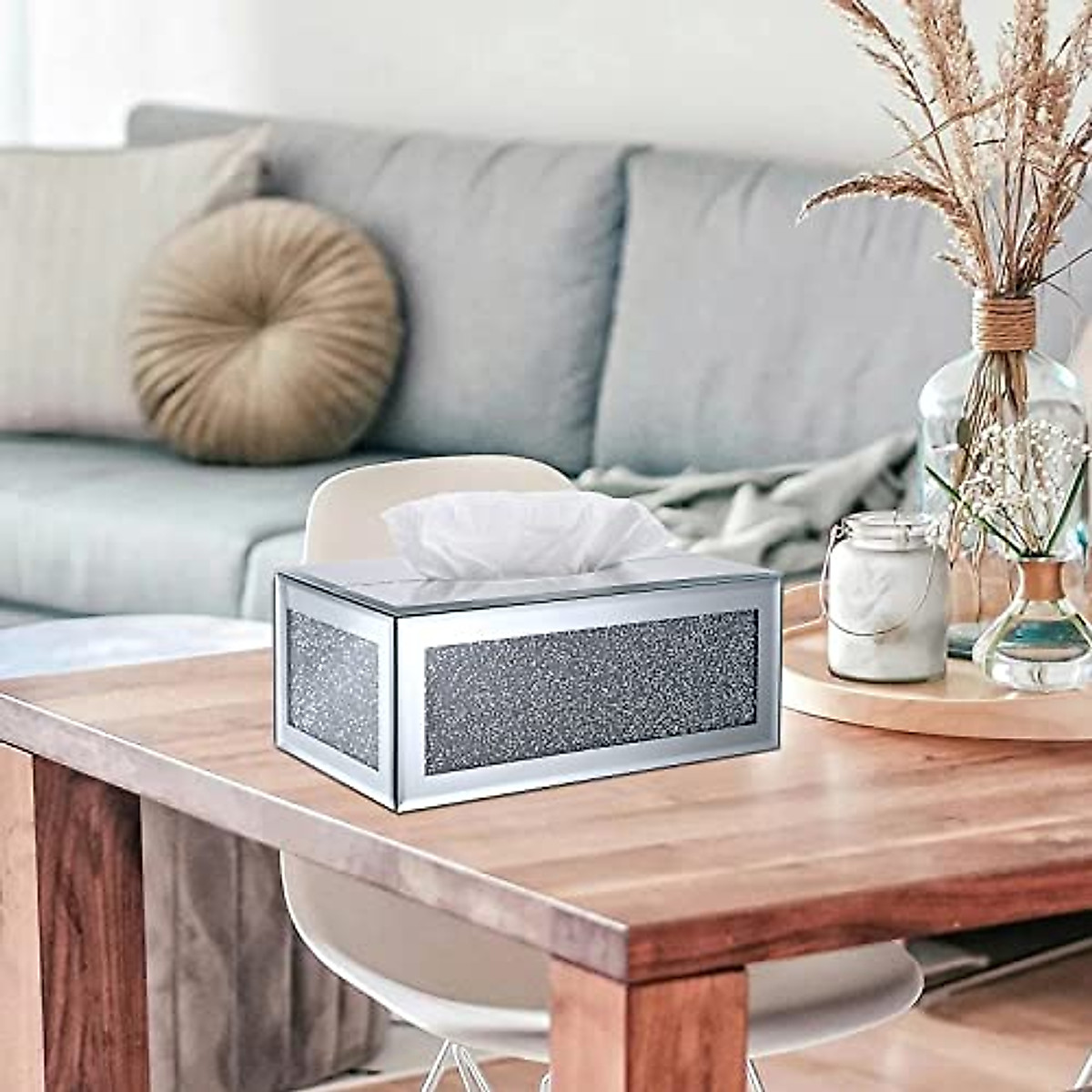 Sumnacon Crystal Tissue Box Cover - Decorative Glass Tissue Box Holder, Sparkling Facial Tissue Holder for Bathroom Living Room Dresser Night Stand Desk Table Office Home Decor, (10.2 x 6.3 Inch/Rectangular, Silver)