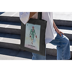 Pop Threads La Dama Woman Lady Loteria Card Mexican Bingo Black 15x15 inches Large Canvas Tote Bag
