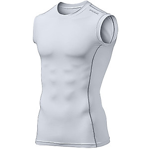 TSLA Men's Sleeveless Workout Shirts, Dry Fit Running Compression Cutoff Shirts, Athletic Training Tank Top, Active Top White, Large