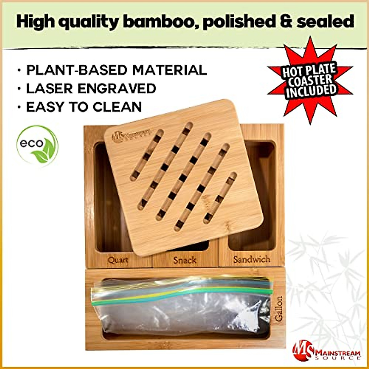 Mainstream Source® Bamboo Zip Bag Organizer Set – Baggie Organizer Set for Snacks and Sandwiches, Holds Quart & Gallon Ziplock Bags, Includes Bamboo Trivet