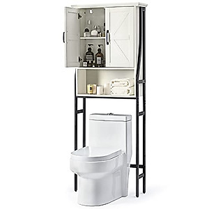 MXARLTR Over The Toilet Storage Cabinet, Over Toilet Bathroom Organizer, Above Toilet Storage Cabinet with Barn Doors Behind Toilet Bathroom Organizer Over-The-Toilet Cabinet (Cream White)
