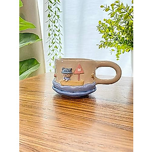 Adorable Journey cat. Cute Handmade ceramic cup, Hand-painted mug, Unique Surprise gift for Christmas or Birthday. Dishwasher and Microwave safe