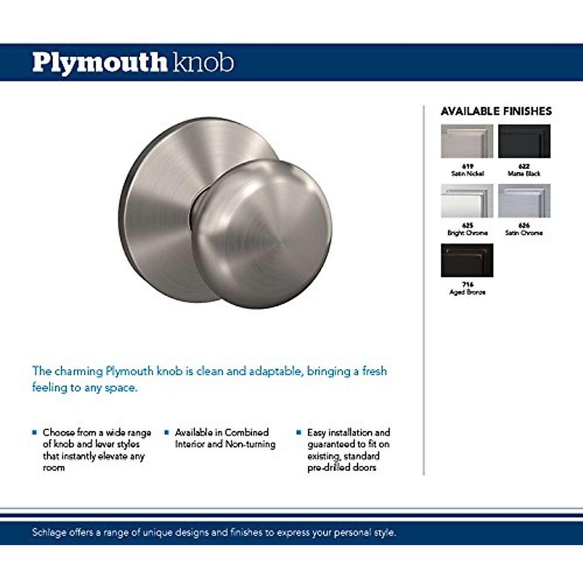 Schlage Custom FC172 PLY 622 KIN Plymouth Non-Turning Knob with Kinsler Trim, Matte Black