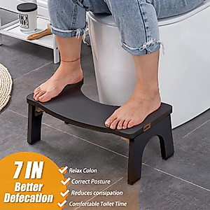 Toilet Stool Wood, Foldable Poop Stool for Adults, 7" Squatting Potty Stool Extra Sturdy & Wide Wooden Toilet Squat Step Stool with Anti-Slip Feet by CHEAGO,380 lbs Black