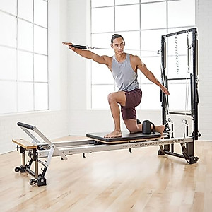 Merrithew™ V2 Max Plus™ Reformer Bundle with Mat Converter, Reformer Box, Footstrap, Padded Platform Extender & Maple Roll-Up Pole - Professional Pilates Equipment