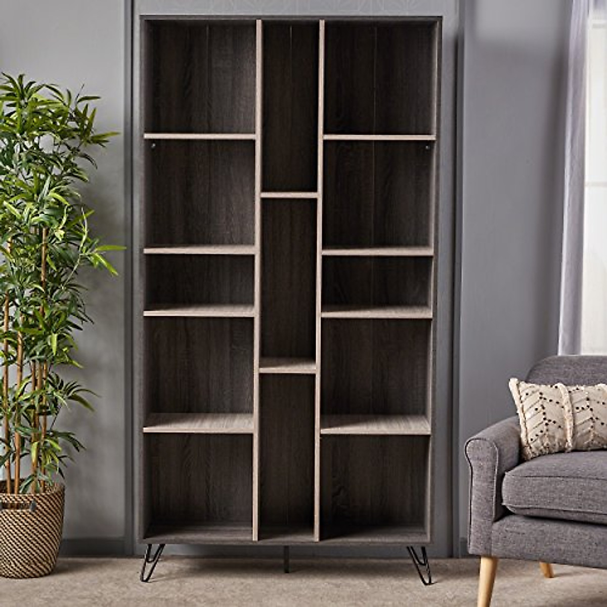 Christopher Knight Home Imogen Modern Two-Toned Faux Wood Bookshelf, Sonoma Grey Oak / Grey Oak / Black