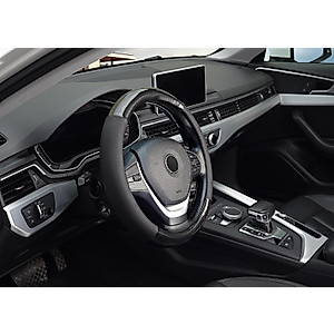 KAFEEK Classic Carbon Fiber Steering Wheel Cover, Universal 15 inch, Breathable Microfiber Leather, Black